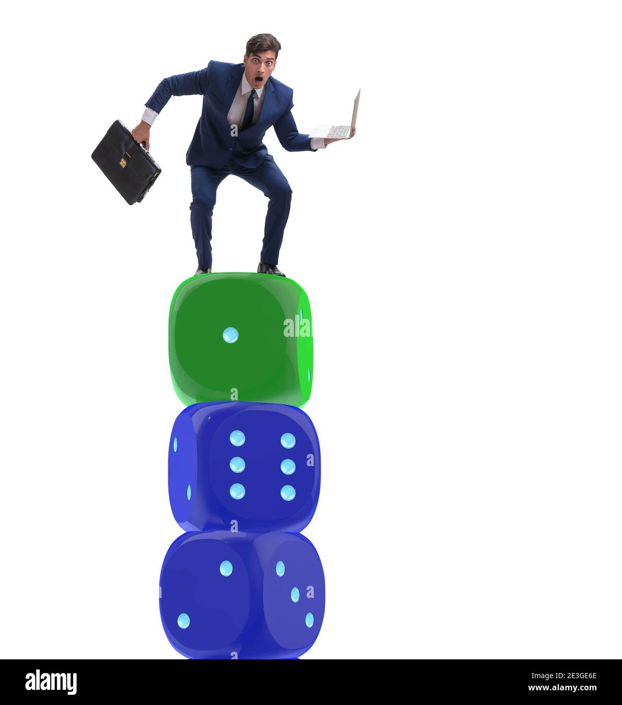Businessman balancing on top of dice stack in uncertainty concept Stock ...