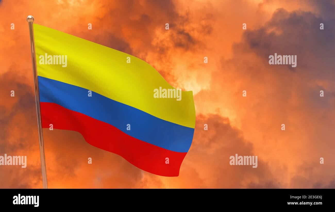 Colombia flag on pole. Dramatic background. National flag of Colombia ...