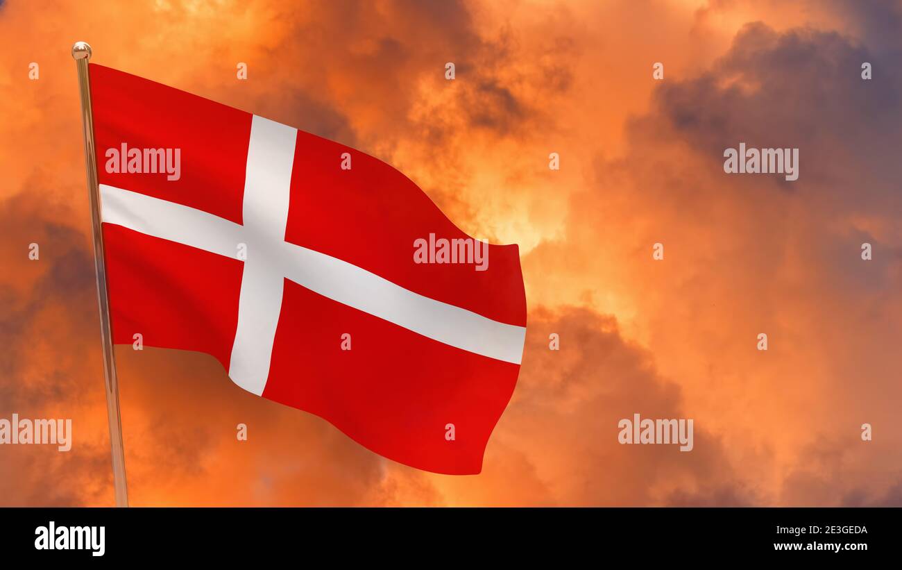 Denmark flag on pole. Dramatic background. National flag of Denmark ...