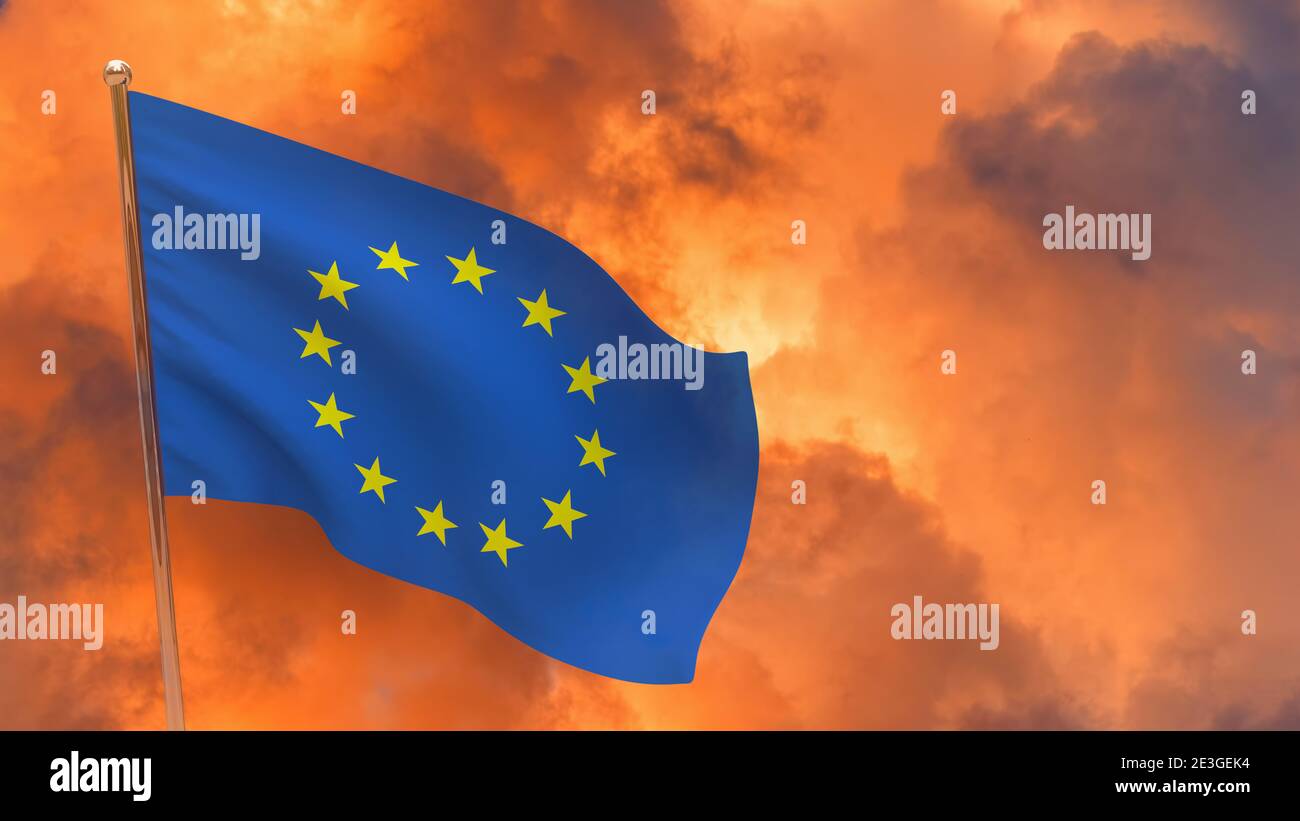 EU flag on pole. Dramatic background. Europe flag Stock Photo - Alamy