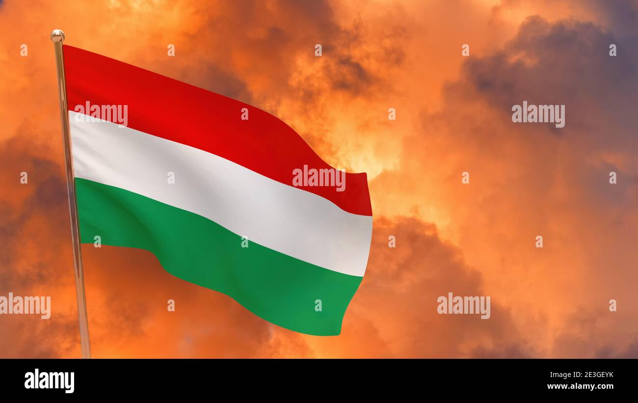 Hungary flag on pole. Dramatic background. National flag of Hungary ...