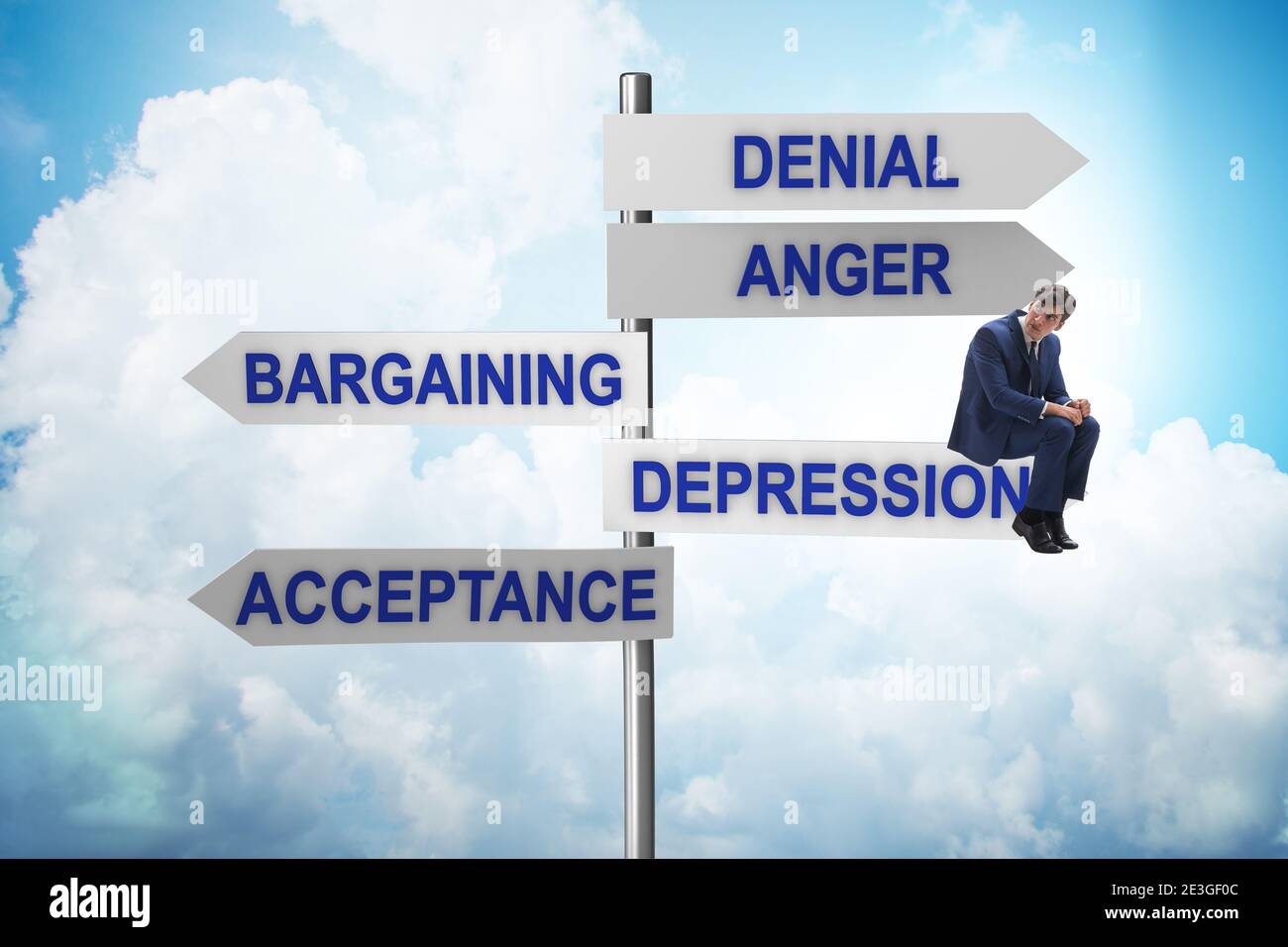 Concept of five stages of grief with the businessman Stock Photo - Alamy