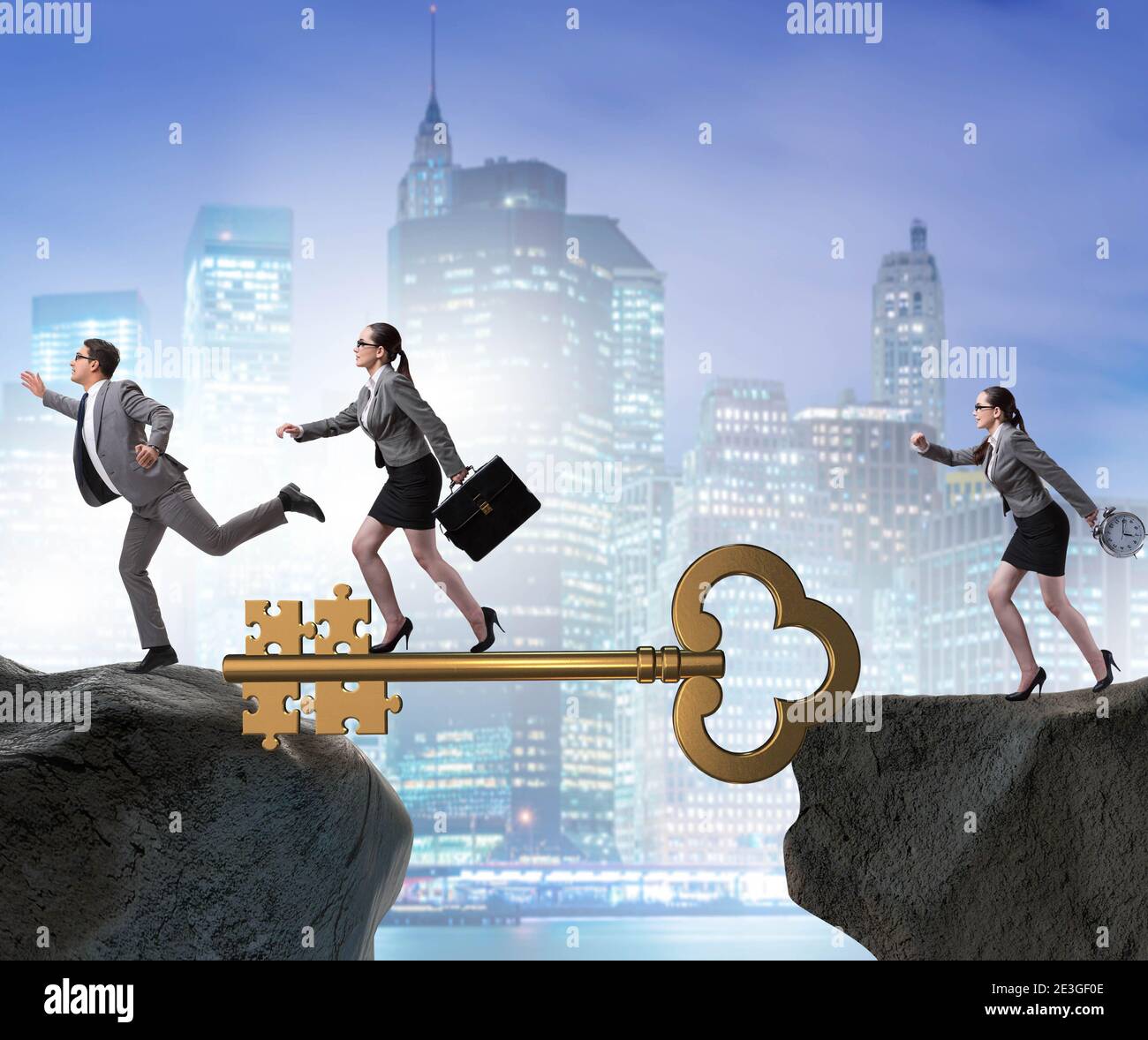 The business people chasing each other towards key to success Stock ...