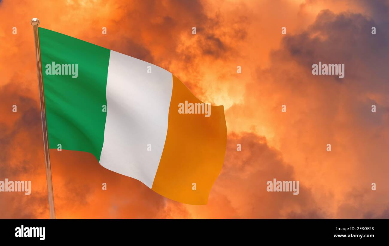Ireland flag on pole. Dramatic background. National flag of Ireland ...