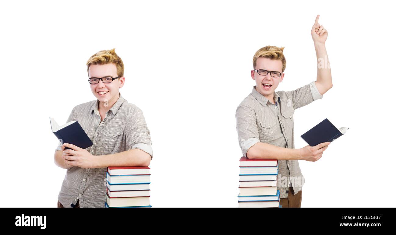 The funny student with stack of books Stock Photo - Alamy