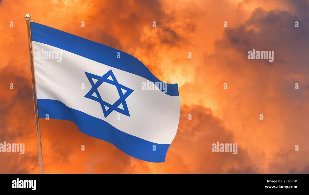Israel flag on pole. Dramatic background. National flag of Israel Stock ...