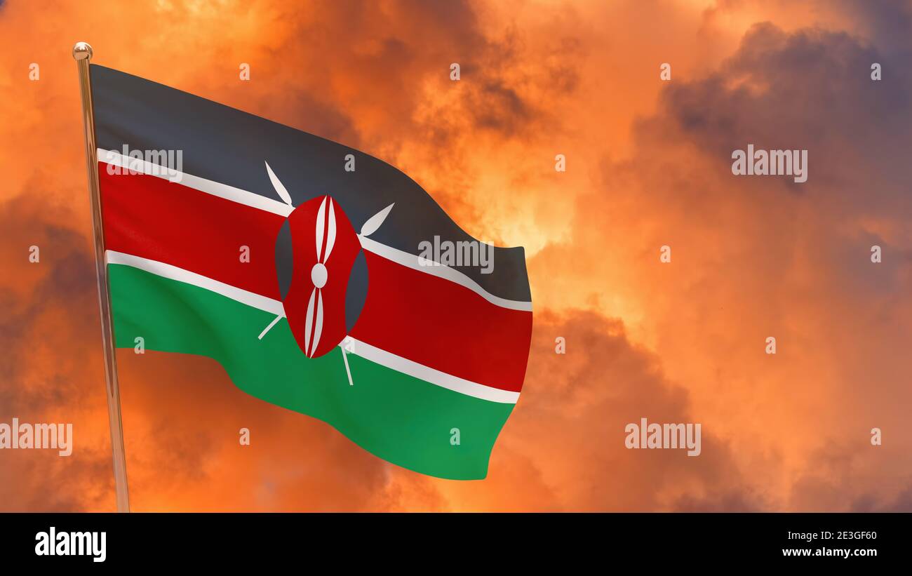 Kenya flag on pole. Dramatic background. National flag of Kenya Stock ...