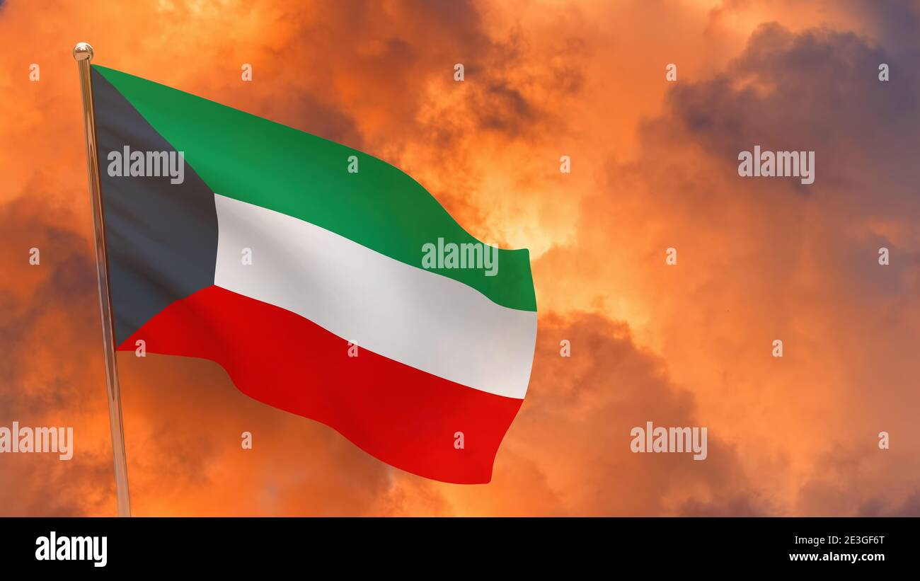 kuwait flag on pole. Dramatic background. National flag of Kuwait Stock ...