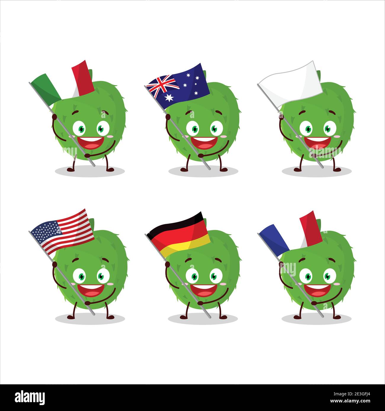 Soursop cartoon character bring the flags of various countries. Vector ...