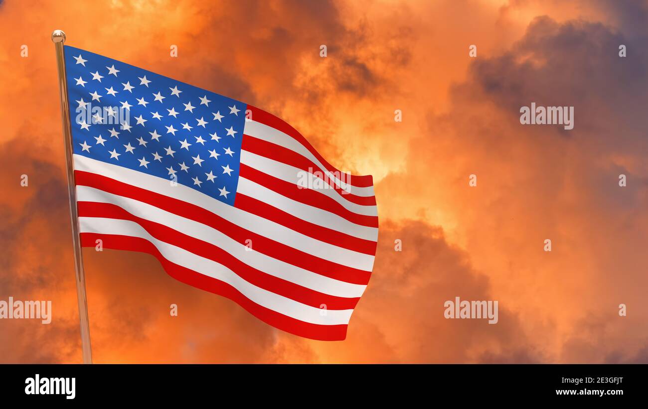 United States of America flag on pole. Dramatic background. National ...