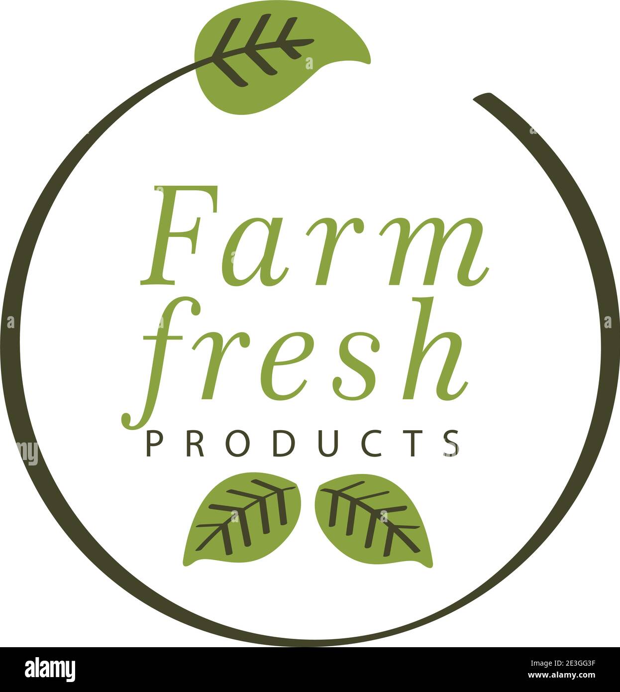 farm fresh products, label in circle frame with leaves on white ...