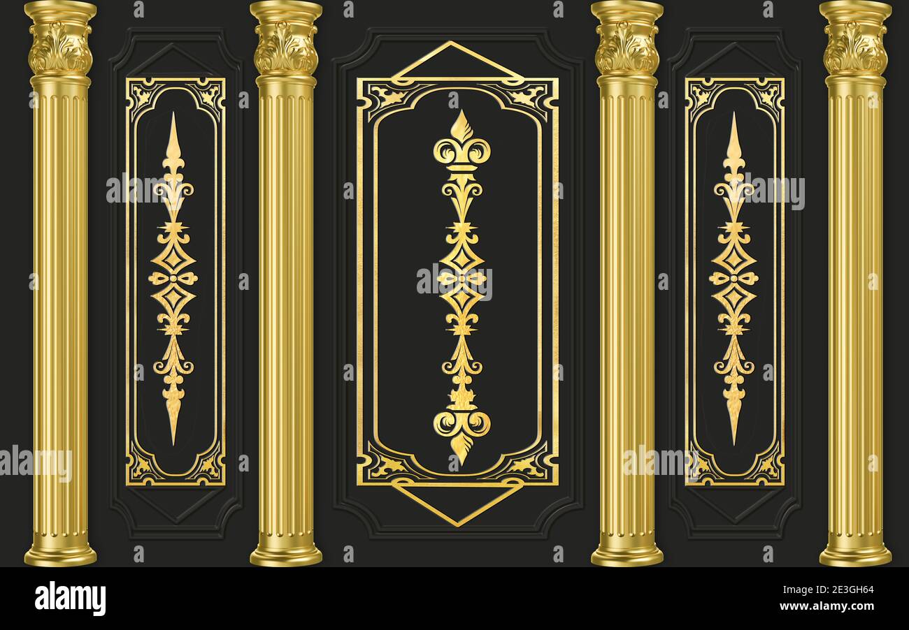 3d illustration, gold columns and gold ornamental frames on a dark ...
