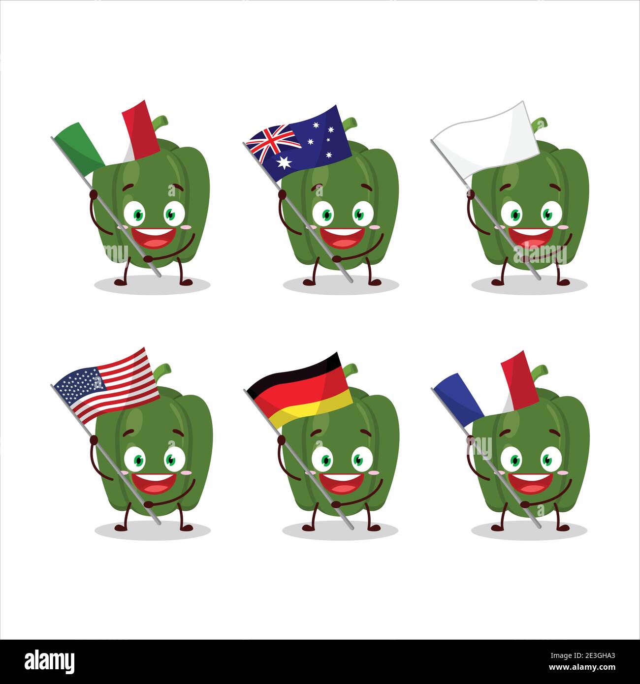 Green pepper cartoon character bring the flags of various countries ...