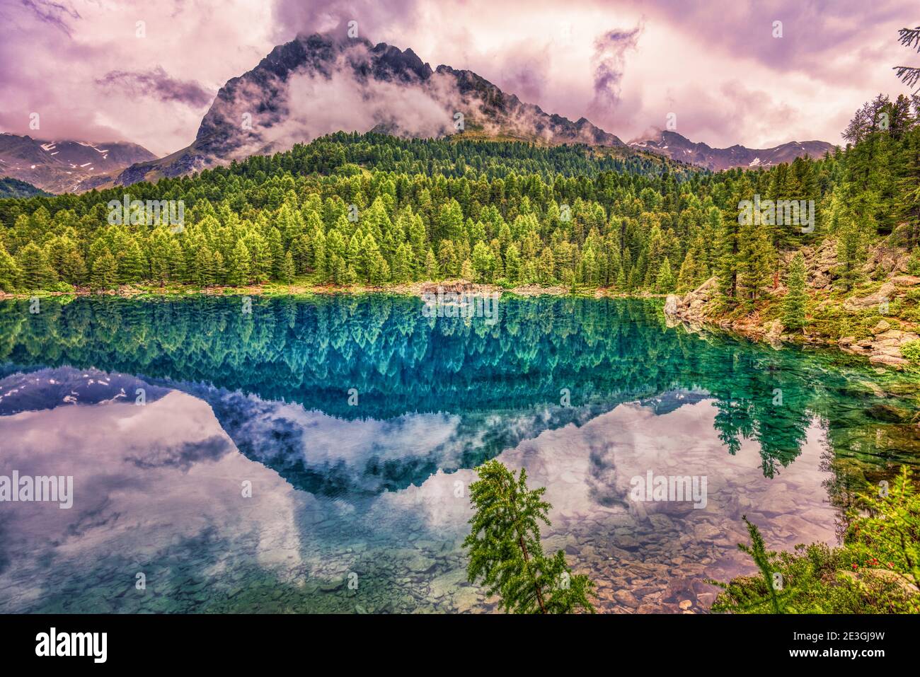 Beautiful reflections in swiss alps lake Lago di Saoseo, HDR Stock ...