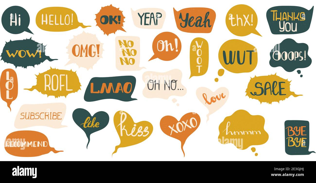 Vector hand drawn set of speech bubbles with handwritten short phrases ...