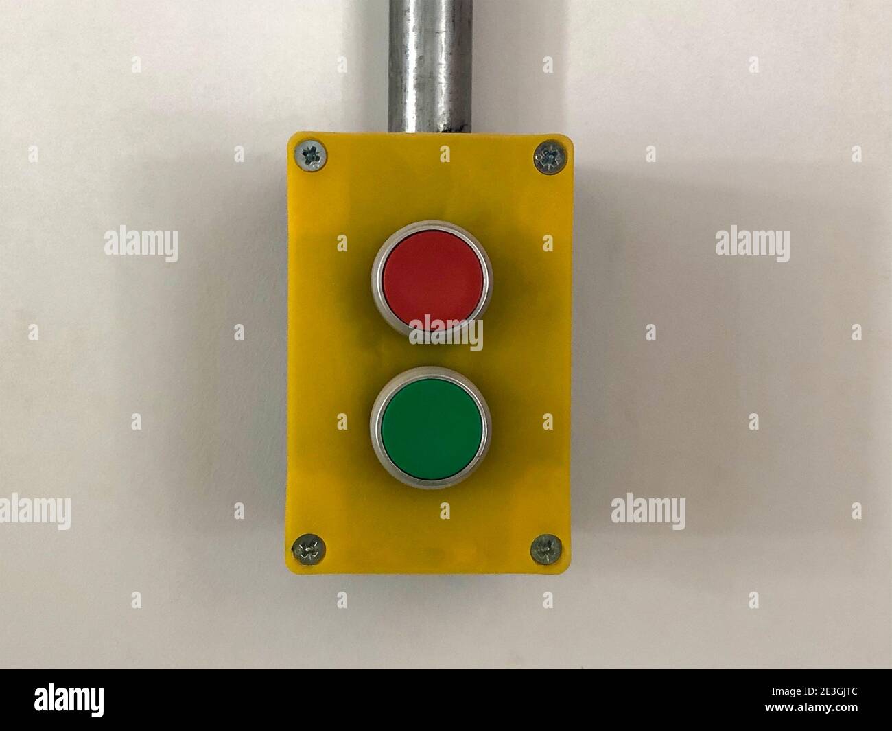 Alarm switch with red and green buttons against blank wall Stock Photo ...