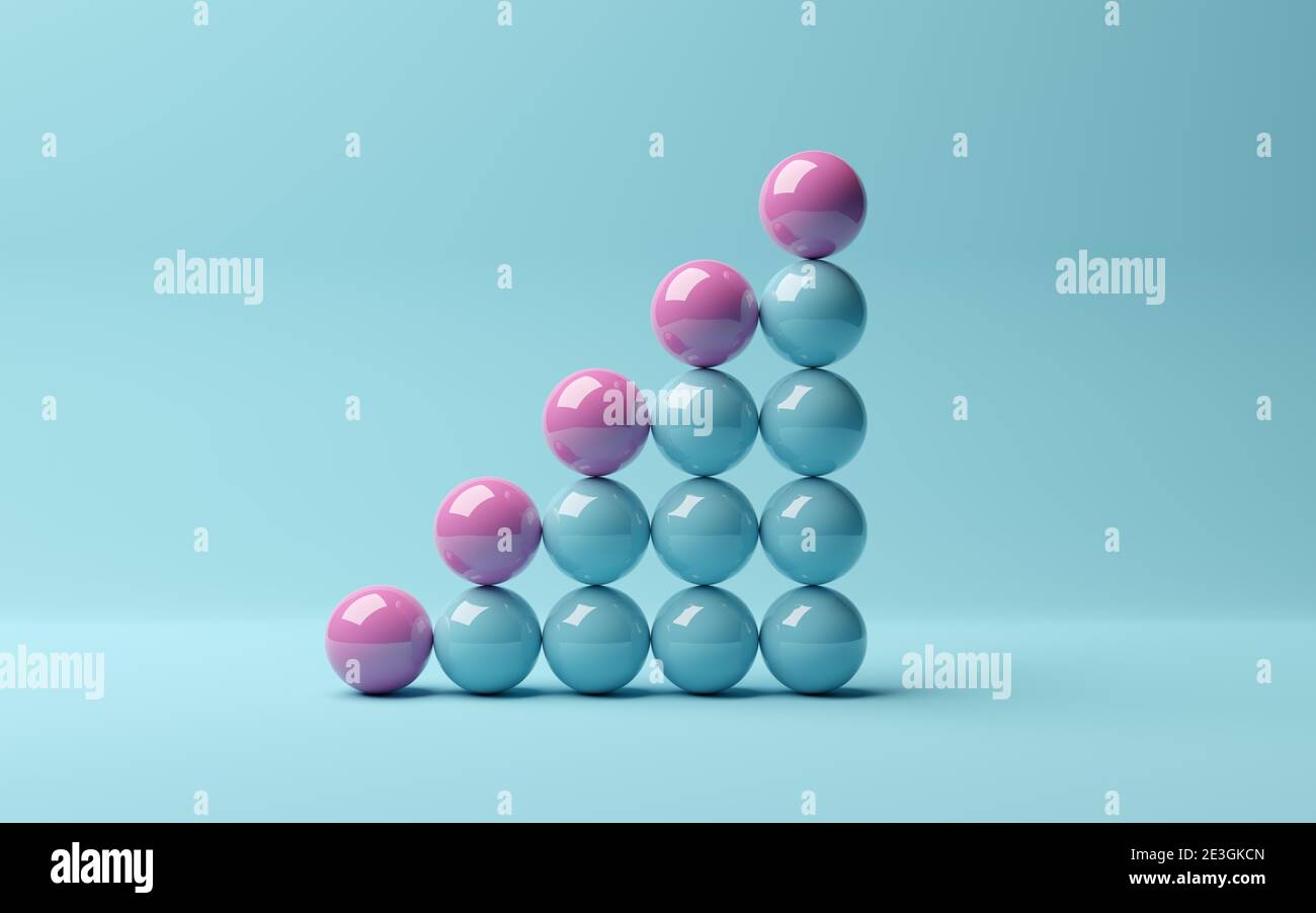 Pink spheres on rising bar graph of blue spheres on blue background ...