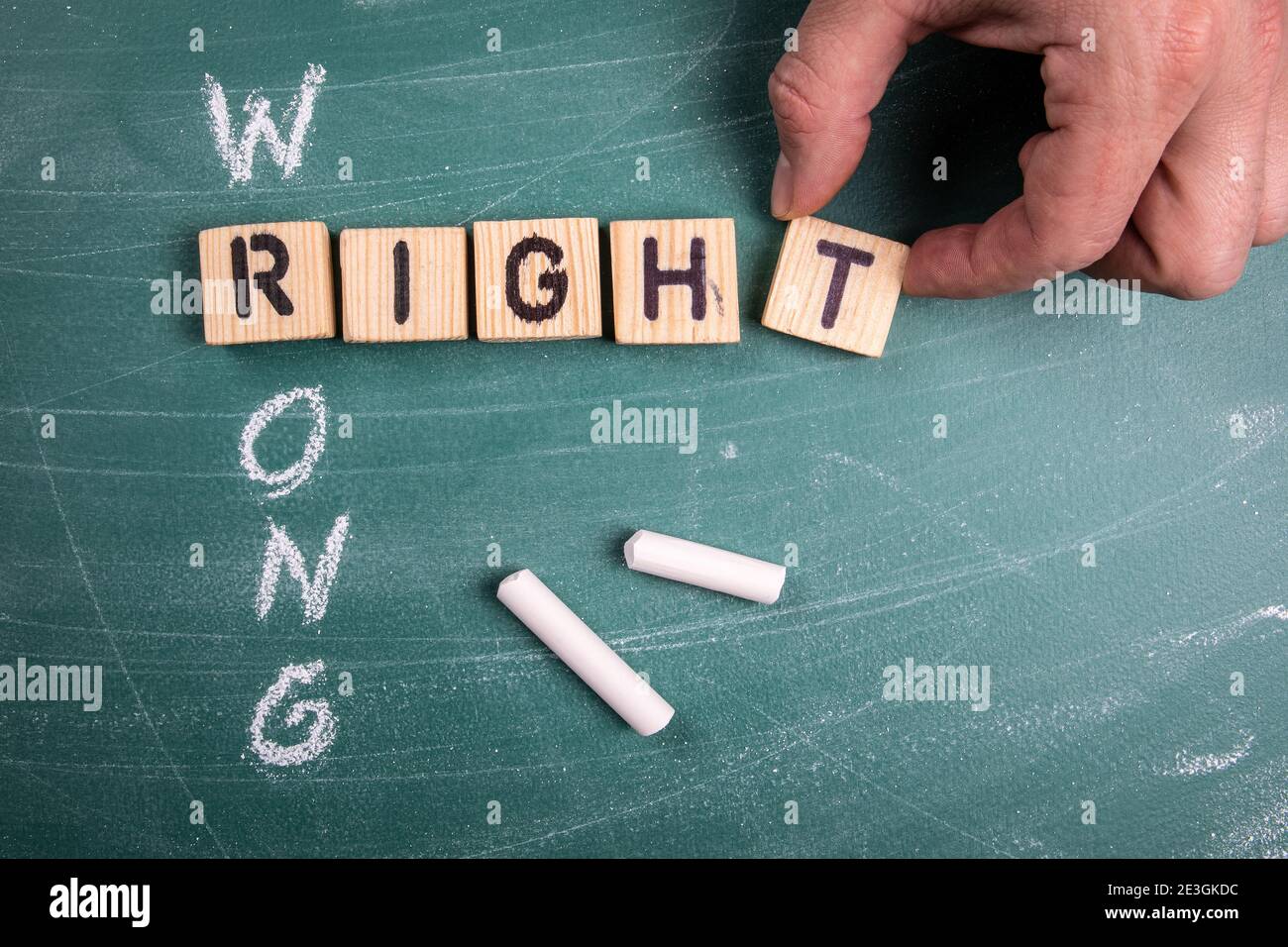 RIGHT and WRONG concept. Text from the letters of the wooden alphabet ...