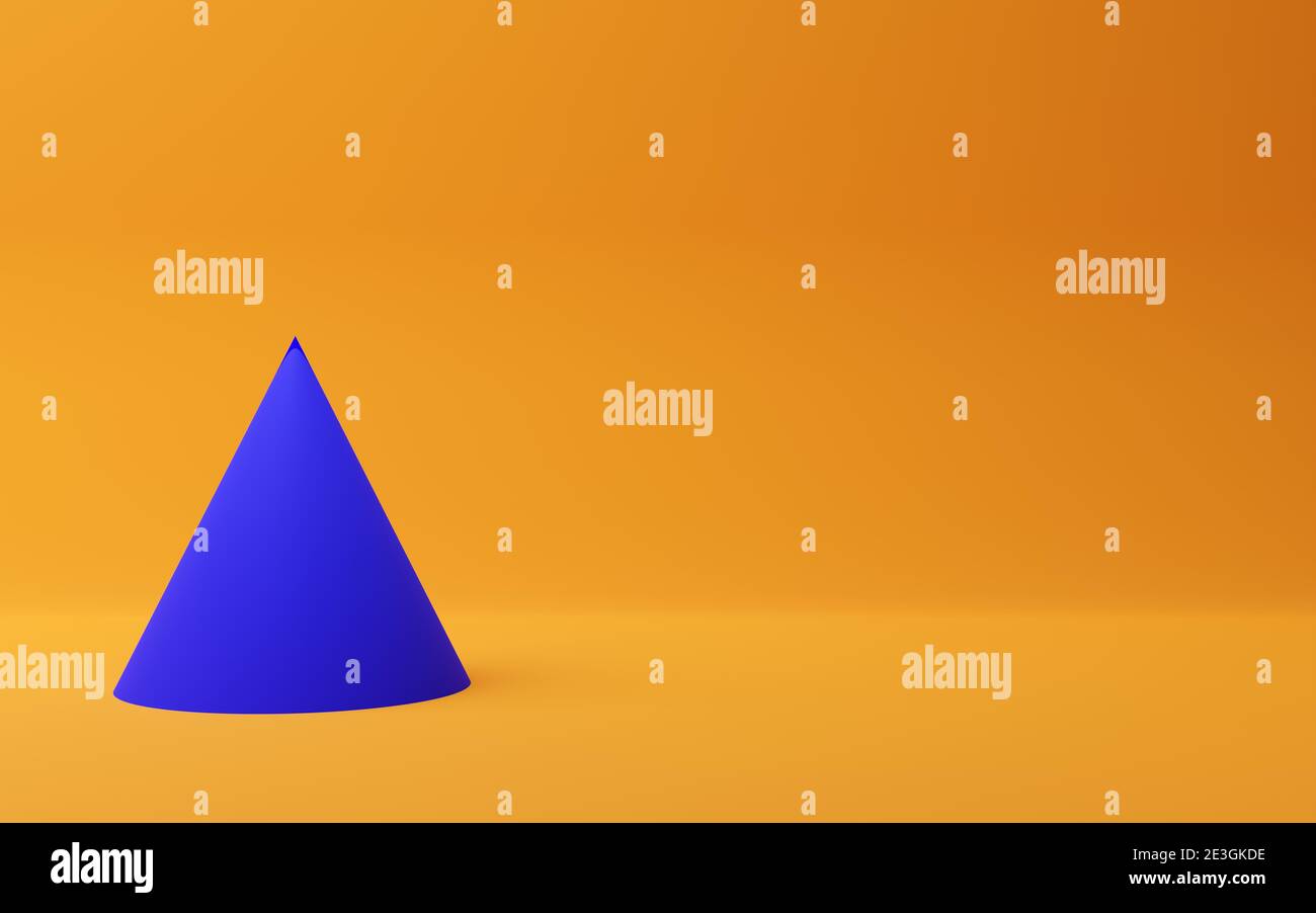 Blue cone primitive geometry on orange background with copy space ...