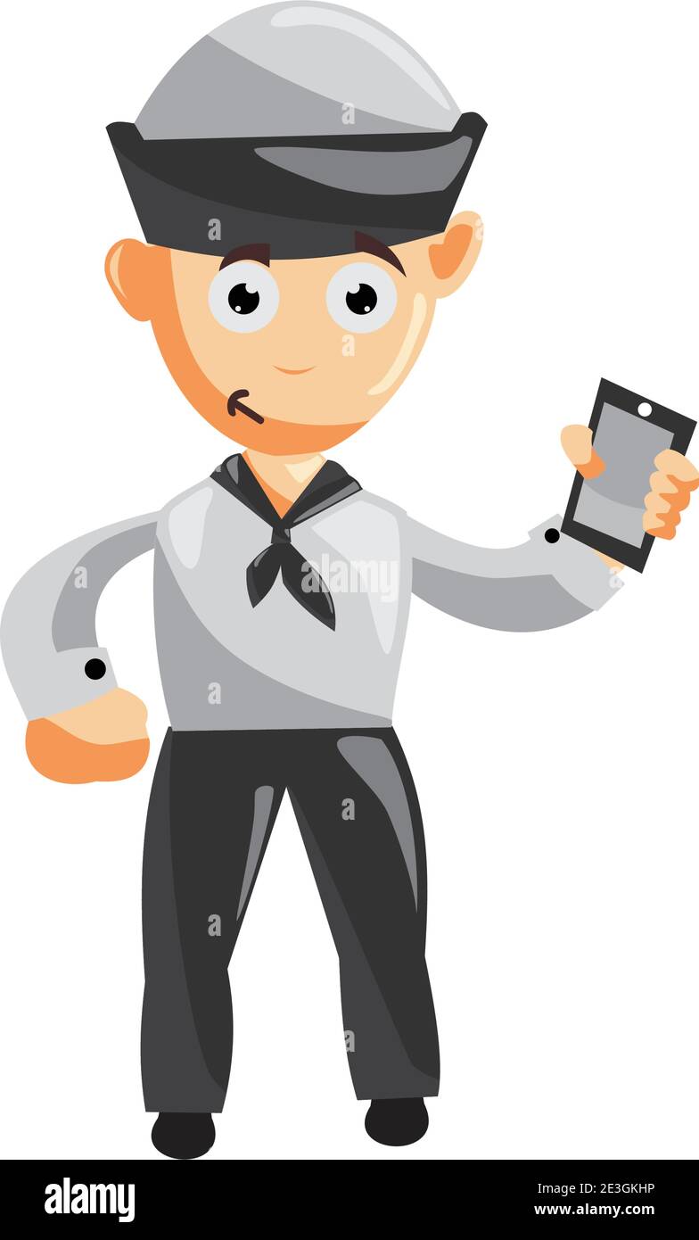 Sailor man Hold Hand Phone cartoon character Vector illustration in a ...