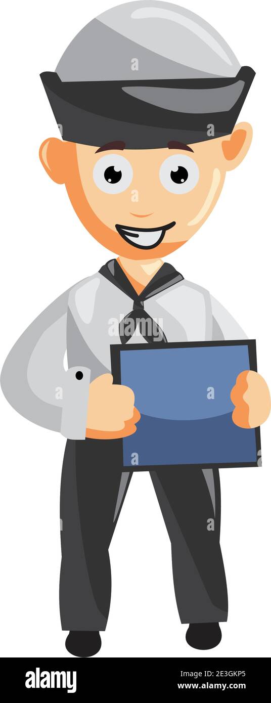 Sailor man Hold Tablet Phone cartoon character Vector illustration in a ...