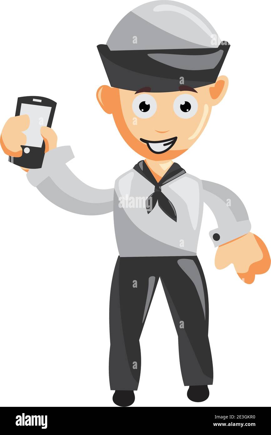 Sailor man Hold Hand Phone cartoon character Vector illustration in a ...