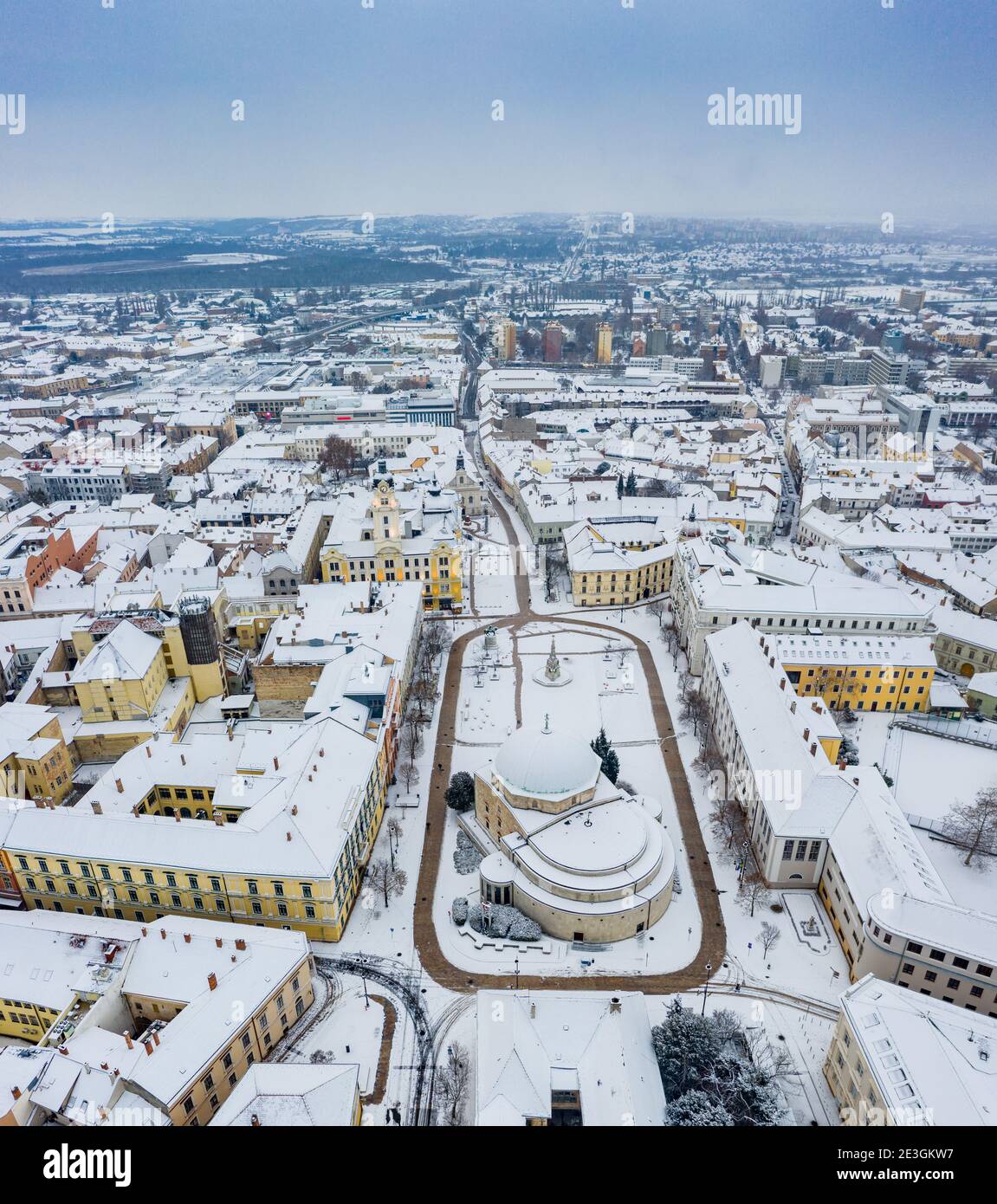 aerial view of Pecs, Hungary at winter with snowy rooftops Stock Photo ...