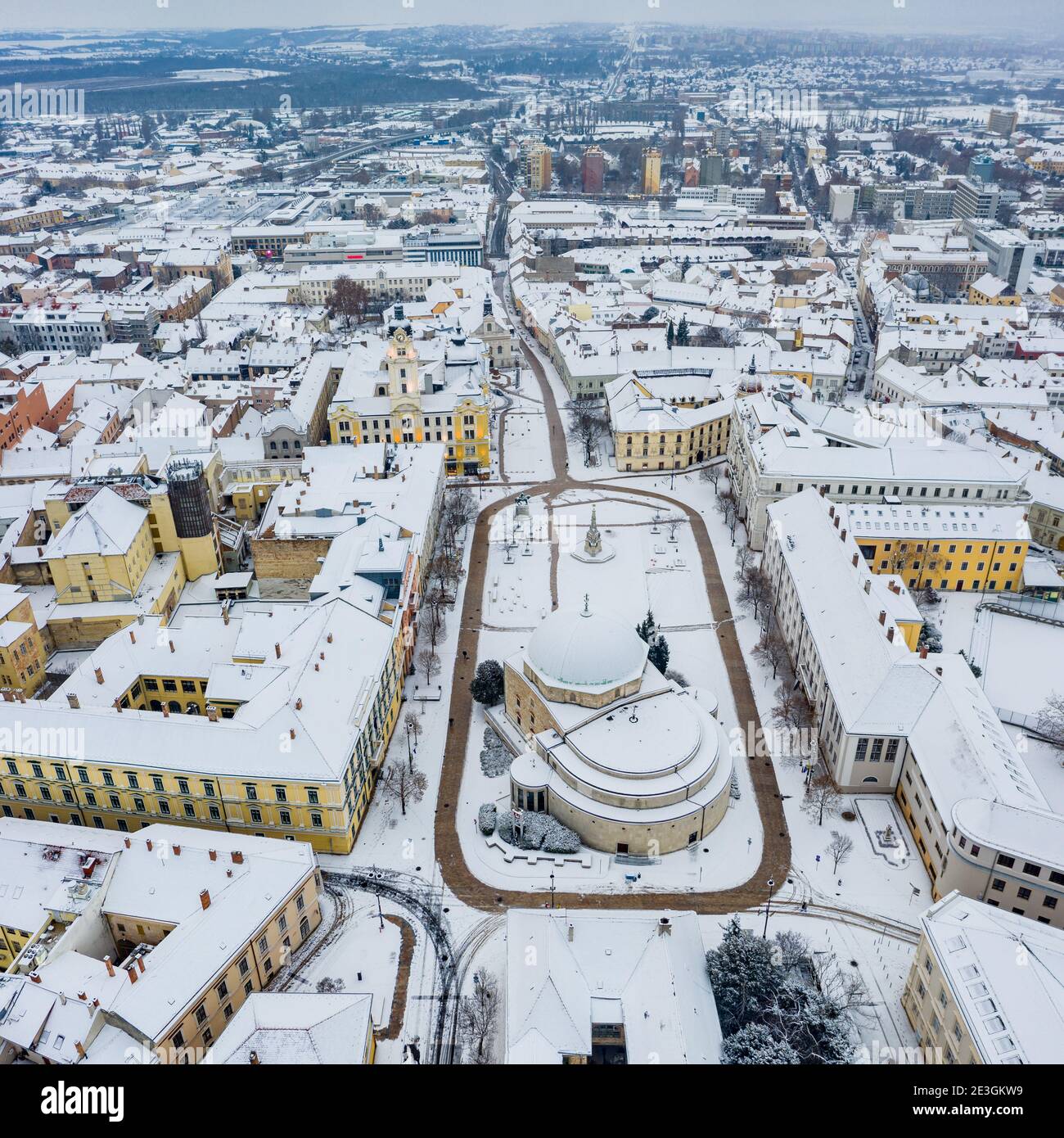 aerial view of Pecs, Hungary at winter with snowy rooftops Stock Photo ...