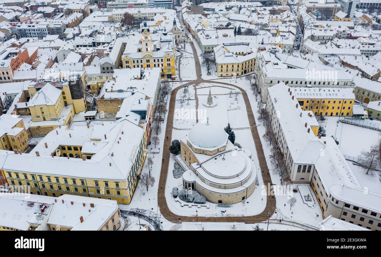 aerial view of Pecs, Hungary at winter with snowy rooftops Stock Photo ...