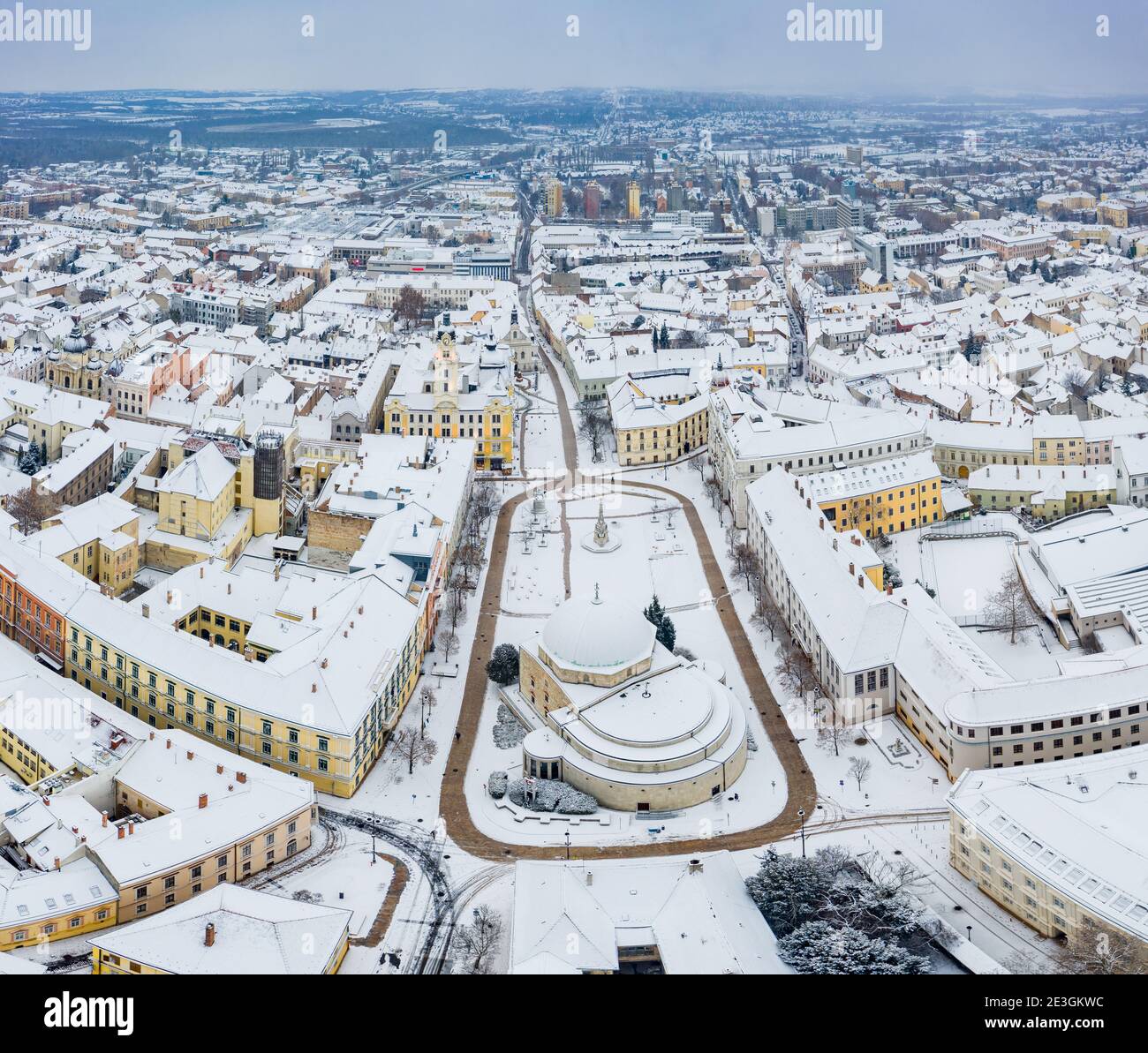 aerial view of Pecs, Hungary at winter with snowy rooftops Stock Photo ...
