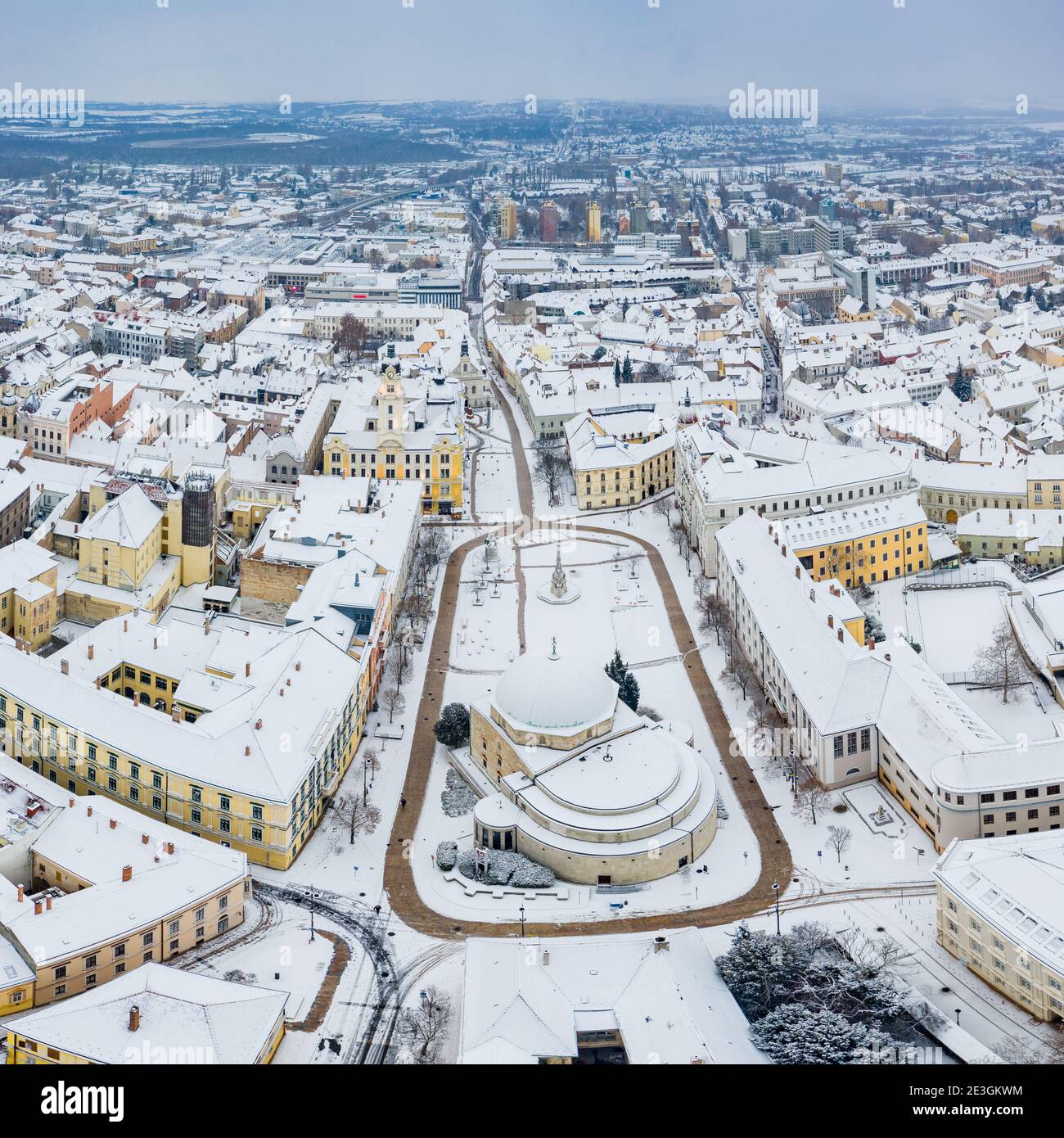 aerial view of Pecs, Hungary at winter with snowy rooftops Stock Photo ...