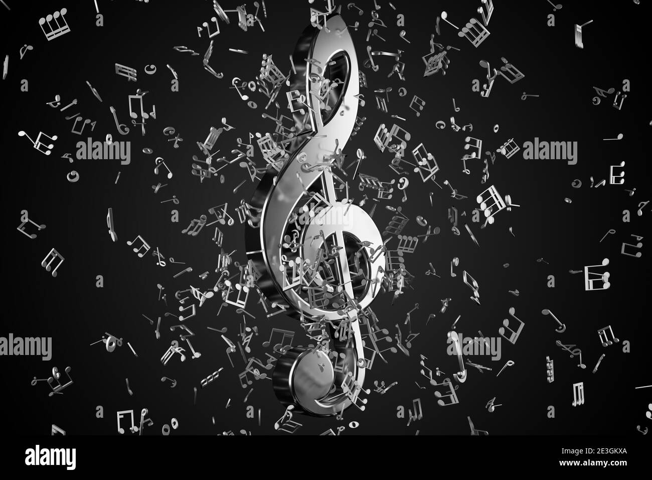 Silver metallic music treble clef symbol with musical notes flying ...