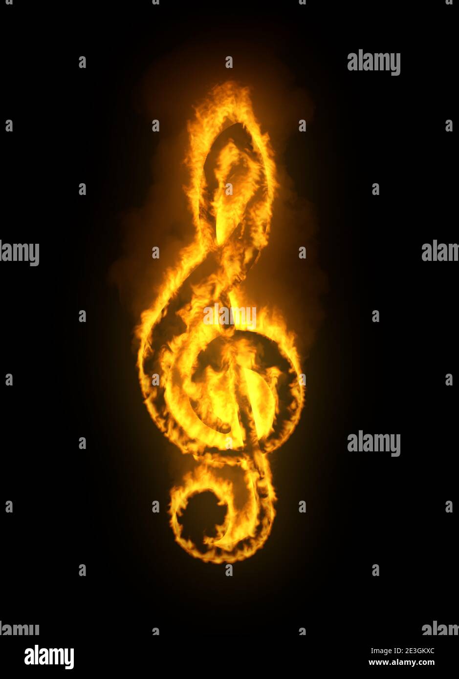 Music treble clef symbol burning with red hot flames and smoke on black ...