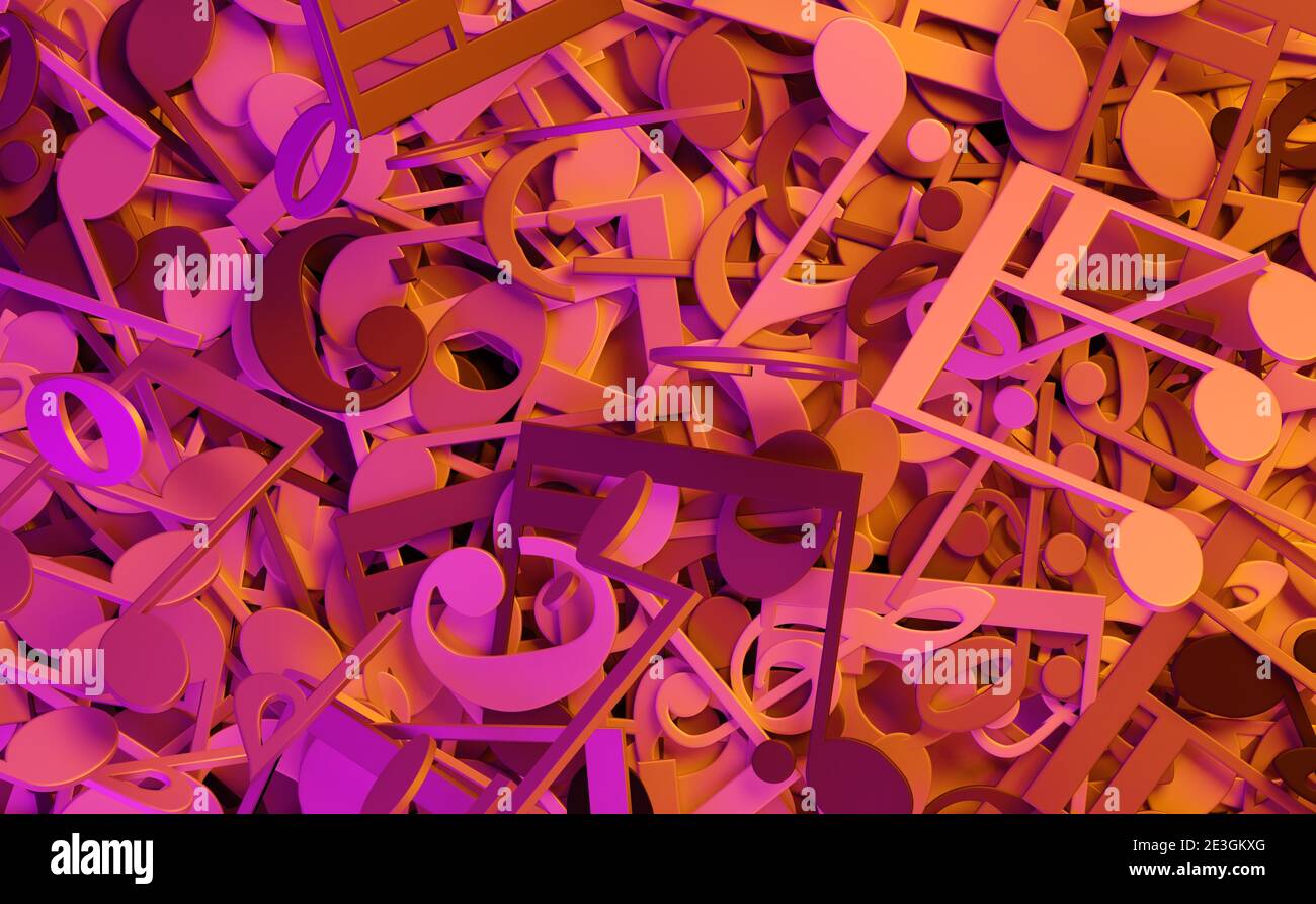 Violet and orange musical notes and symbols background texture flat lay ...