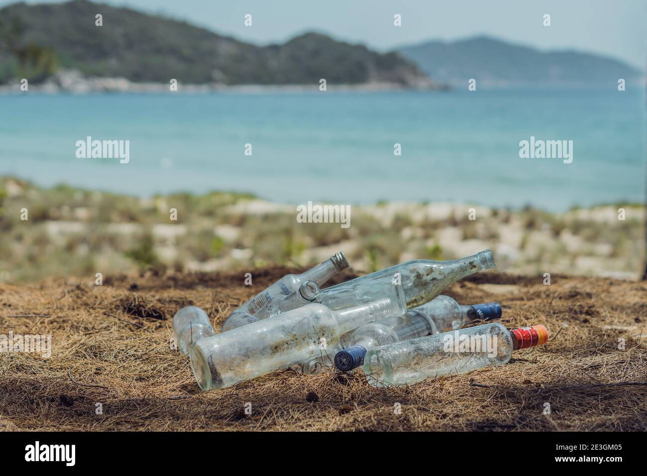 Close landfill old dirty transparent discarded empty glass alcohol ...