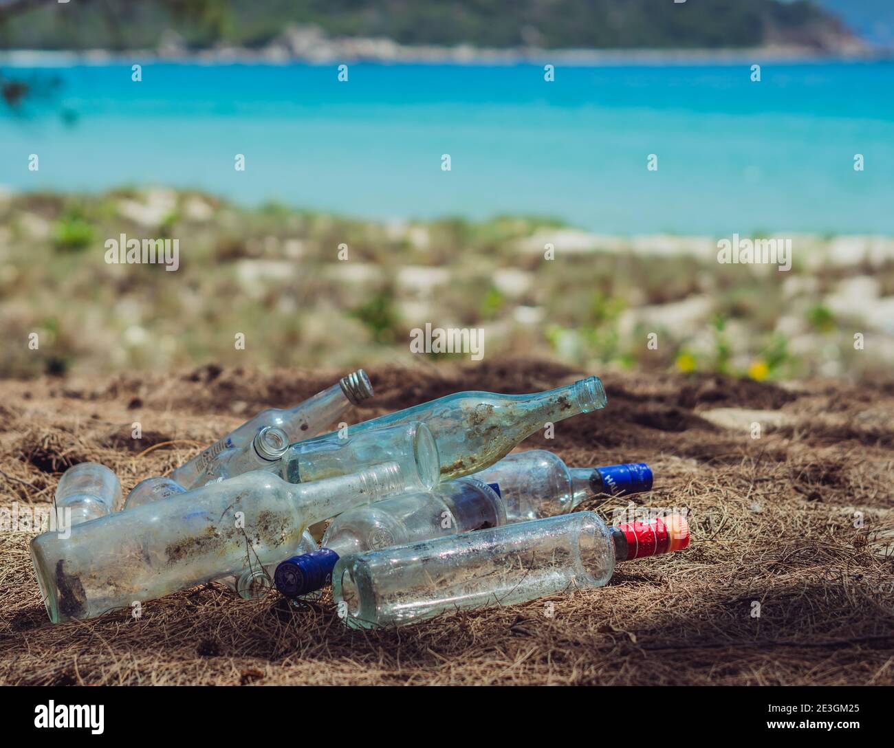 Close landfill old dirty transparent discarded empty glass alcohol ...