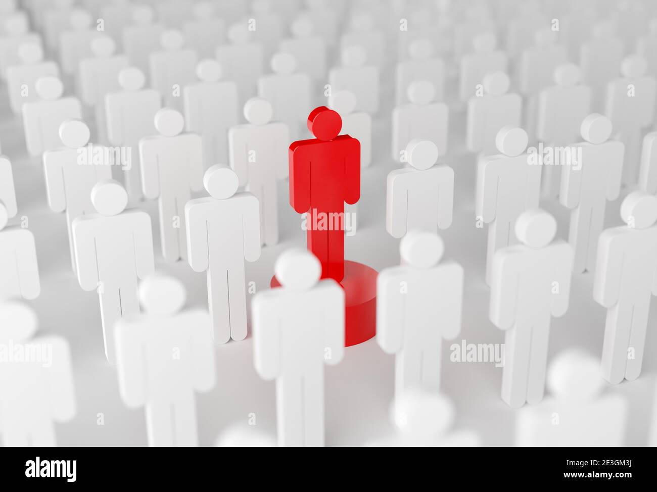 Red figure standing out from group of white figures on white background ...