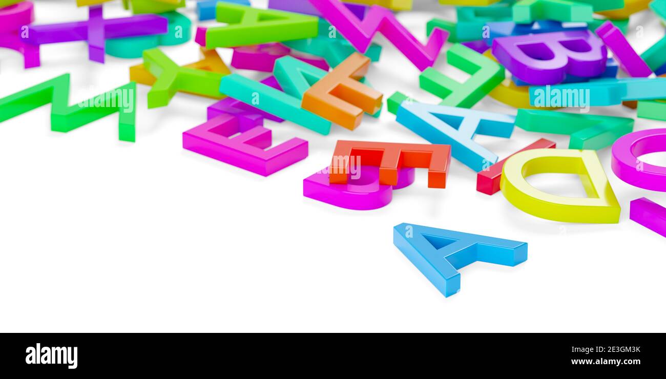 Heap of colorful rainbow alphabetic plastic character letters over ...