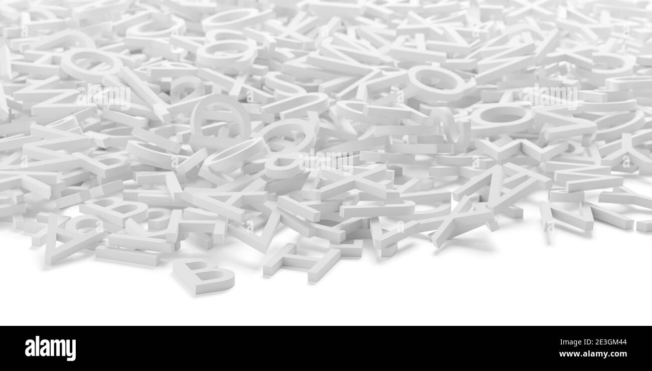 Heap of white monochrome alphabetic character letters over white ...