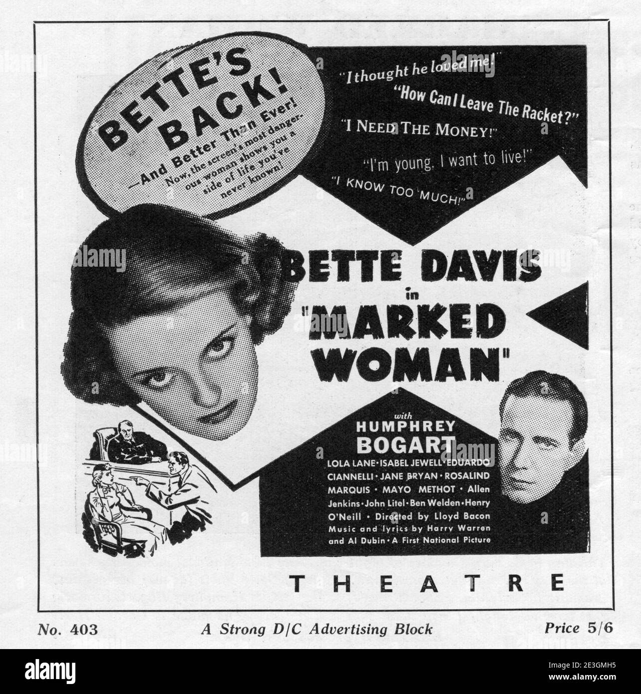 BETTE DAVIS and HUMPHREY BOGART in MARKED WOMAN 1937 director LLOYD BACON original screenplay ...