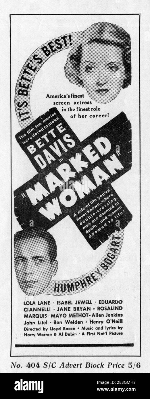 BETTE DAVIS and HUMPHREY BOGART in MARKED WOMAN 1937 director LLOYD BACON original screenplay ...