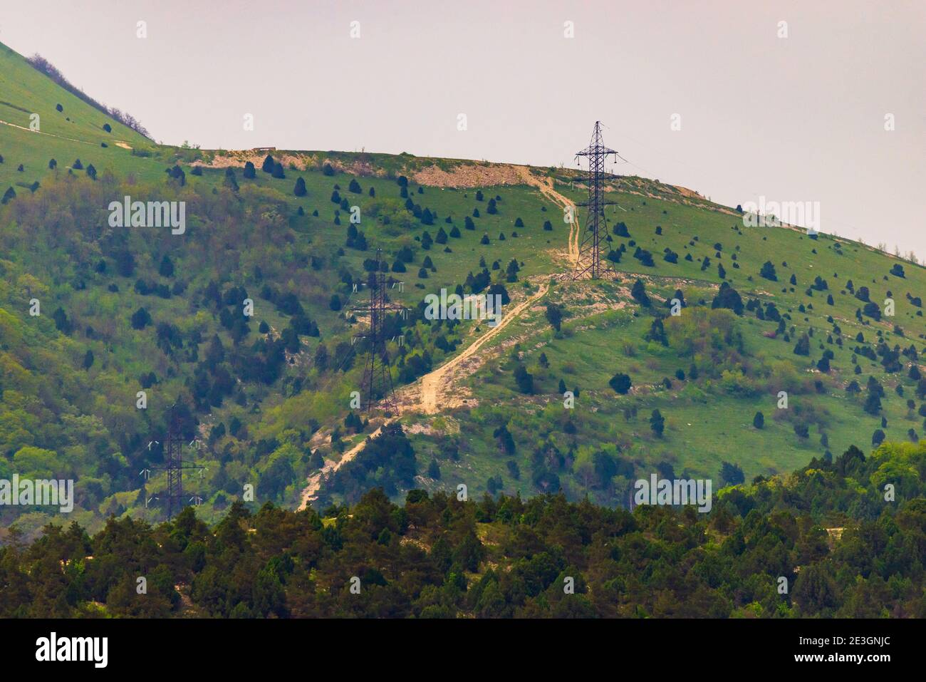 Beautiful natural park high tension lines and pylons Stock Photo - Alamy
