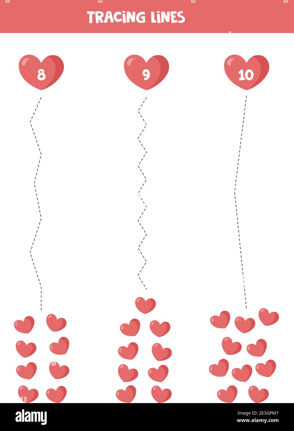 Tracing lines with cute cartoon valentine hearts. Trace and count Stock ...