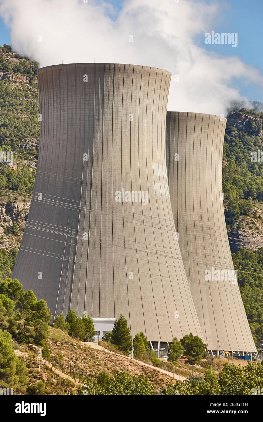 Nuclear power plant chimneys with steam. Sustainable energy Stock Photo ...