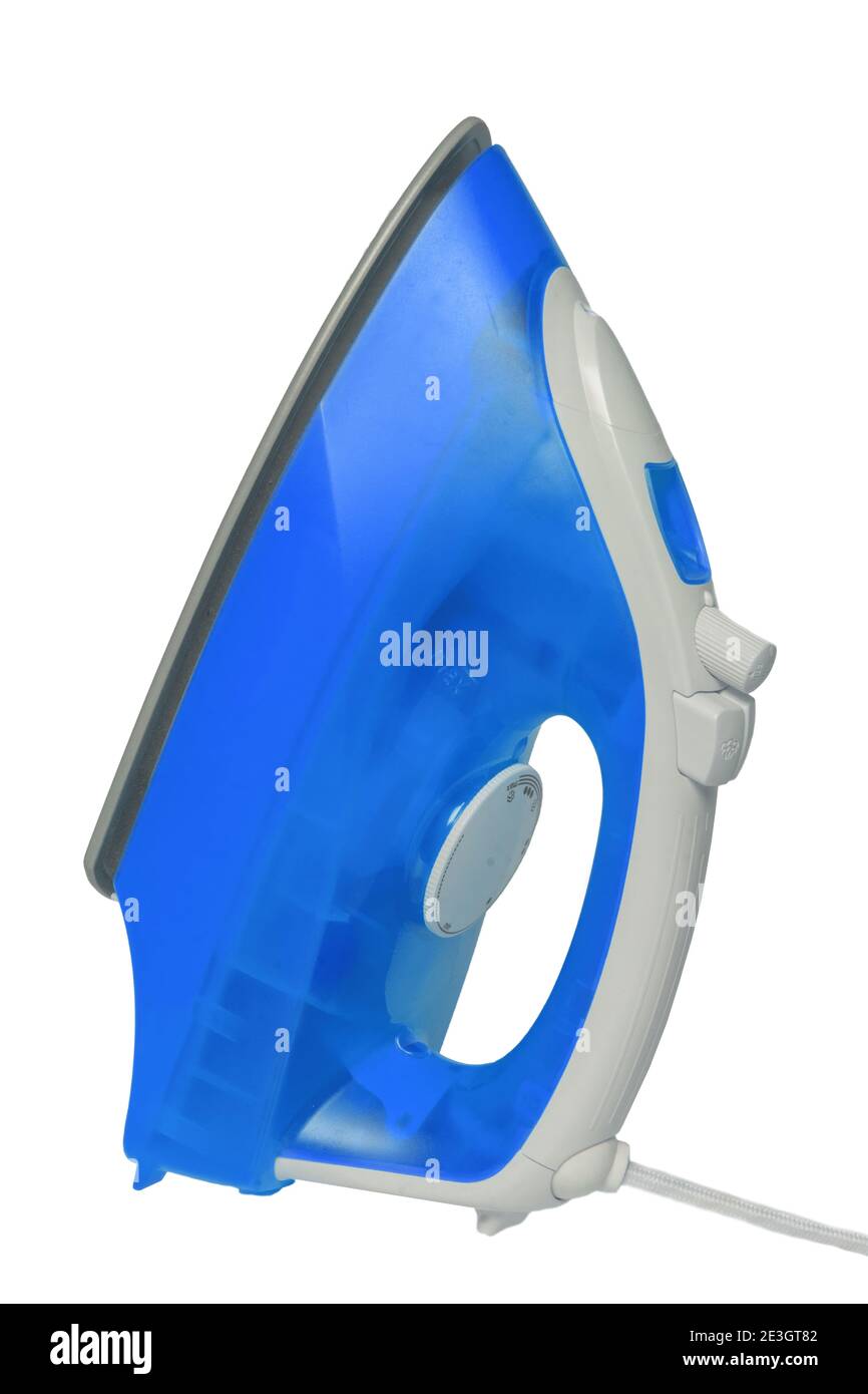 Closeup of a modern blue electric steam iron for ironing household ...