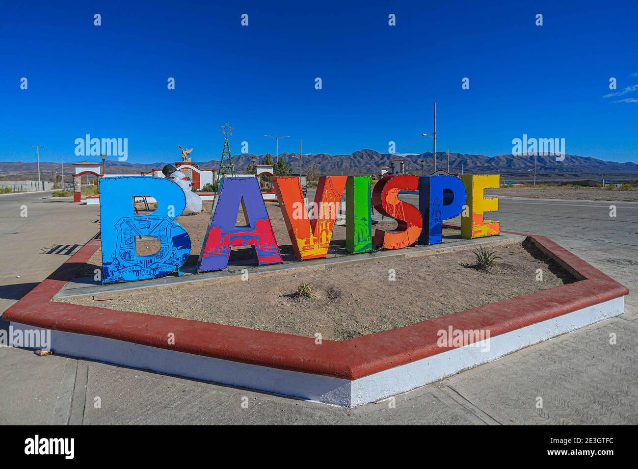 Monumental colored letters at the entrance to the Bavispe town, Sonora ...