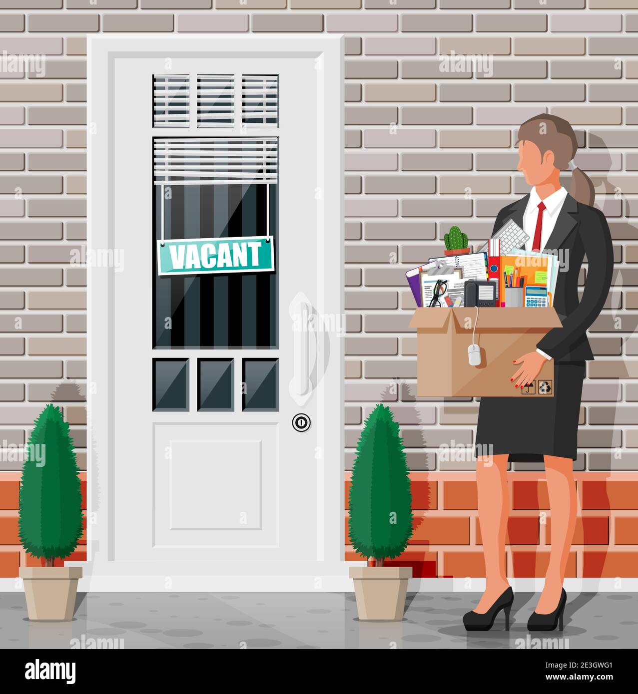 Street door with vacancy sign. Employee with box full of office goods ...