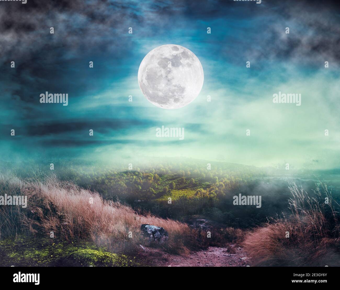 Landscape of night sky with clouds. Beautiful bright full moon above ...
