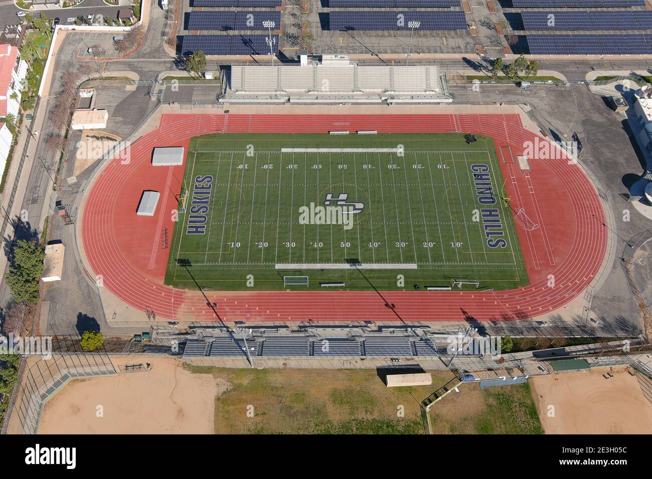 An aerial view of Chino Hills High School track and football field ...