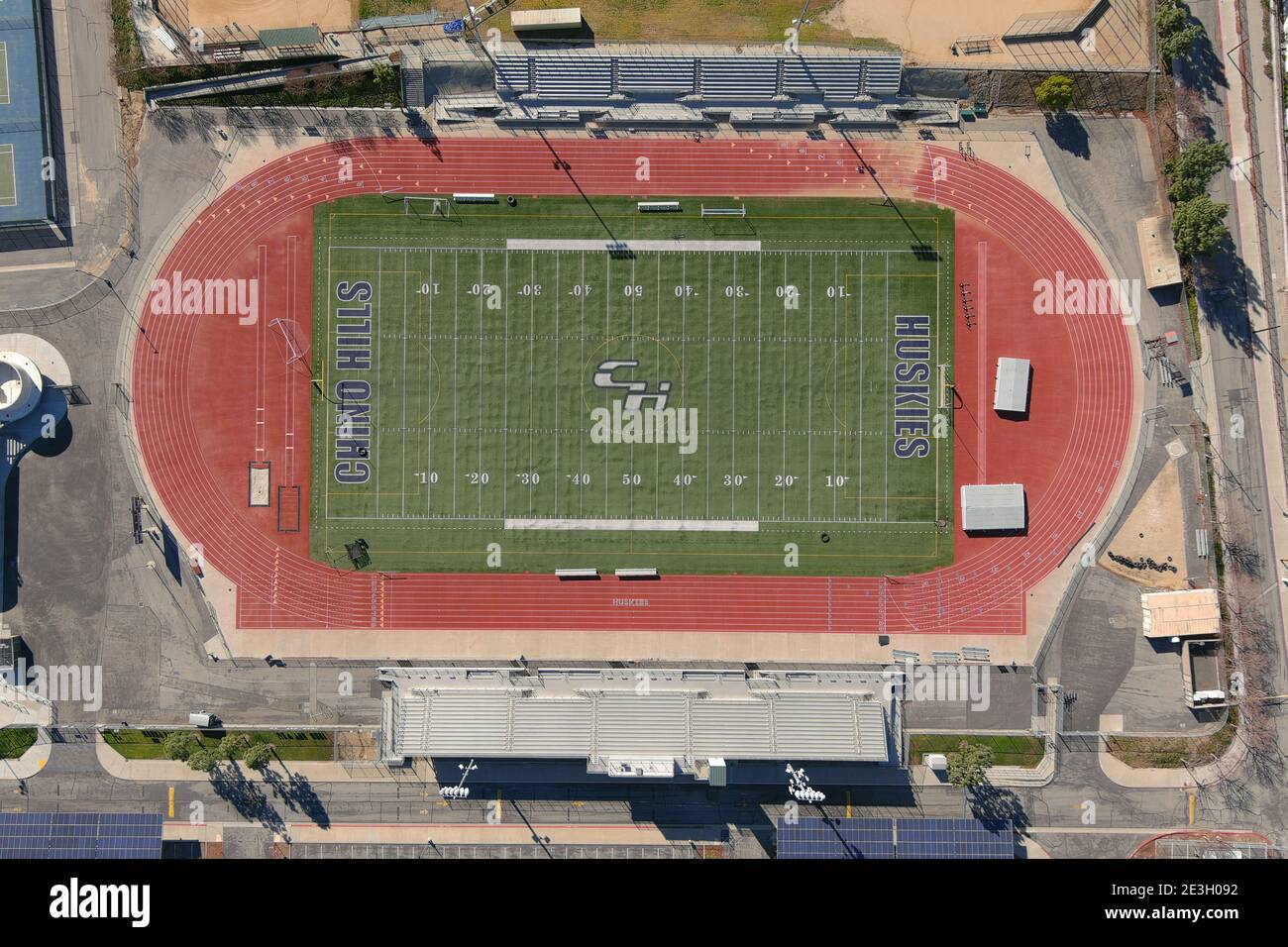 An aerial view of Chino Hills High School track and football field ...